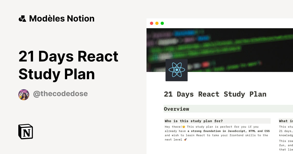 21 Days React Study Plan | Modèle créé par The Code Dose | Marketplace Notion