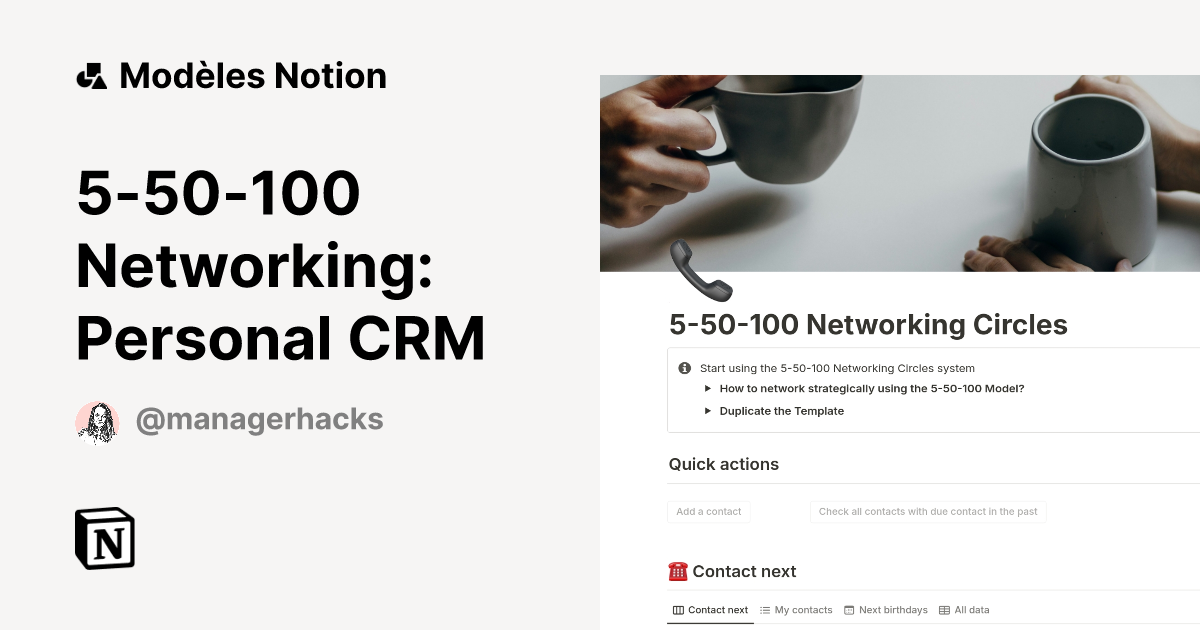 5-50-100 Networking: Personal CRM | Modèle créé par Mona | ManagerHacks | Marketplace Notion