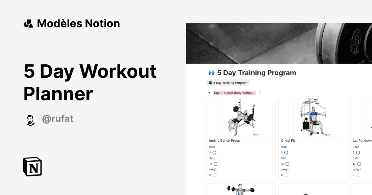 5 Day Workout Planner | Modèle créé par @rufat | Marketplace Notion