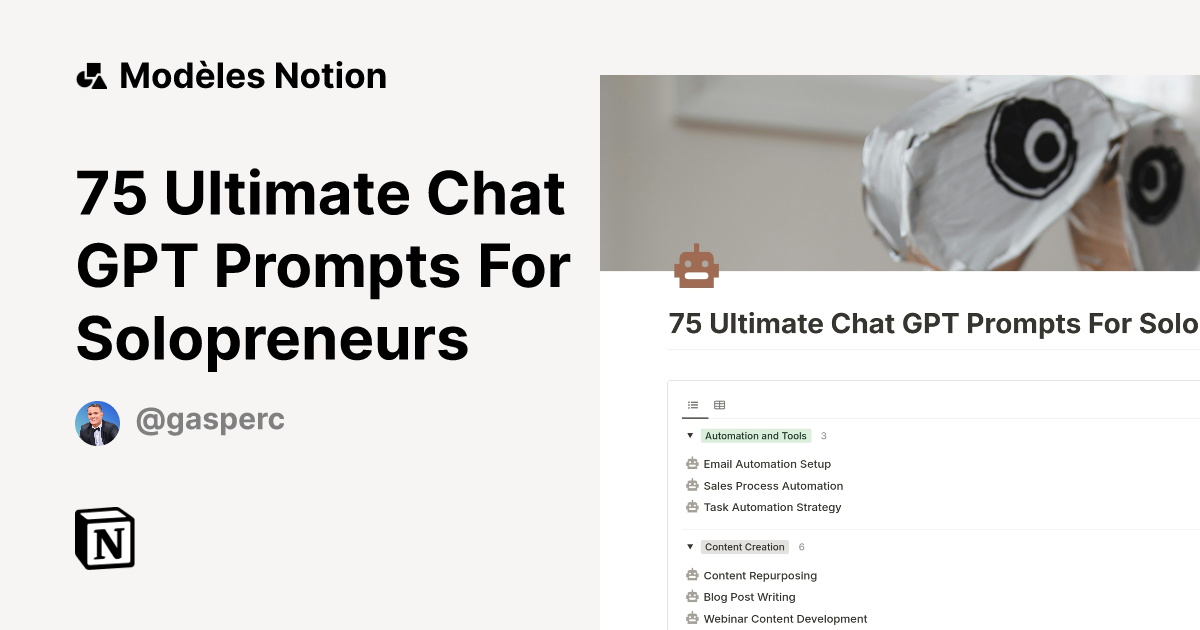 Modèle 75 Ultimate Chat GPT Prompts For Solopreneurs | Marketplace Notion