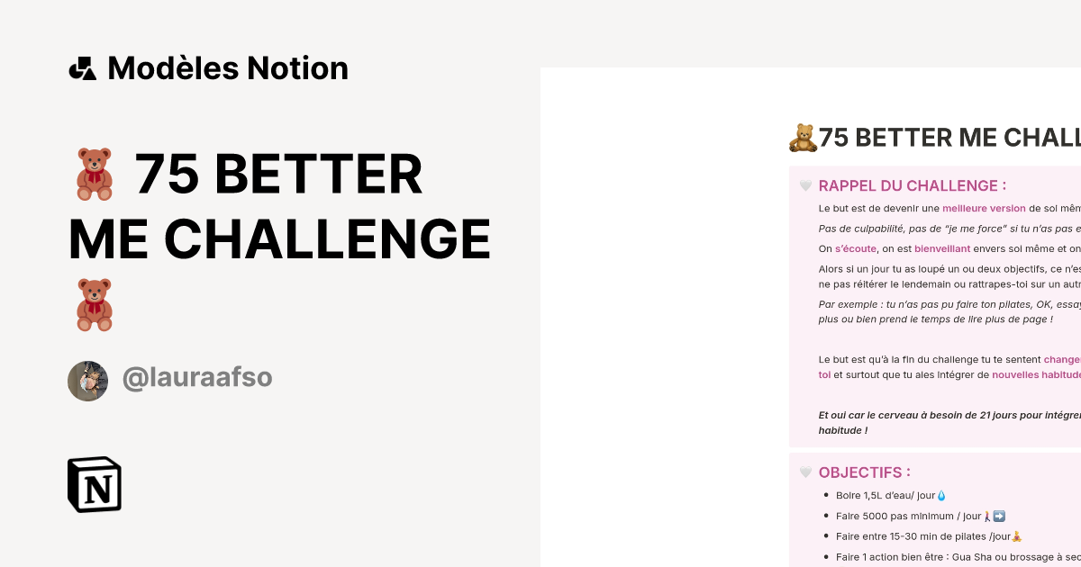 Modèle 🧸 75 BETTER ME CHALLENGE 🧸 | Marketplace Notion