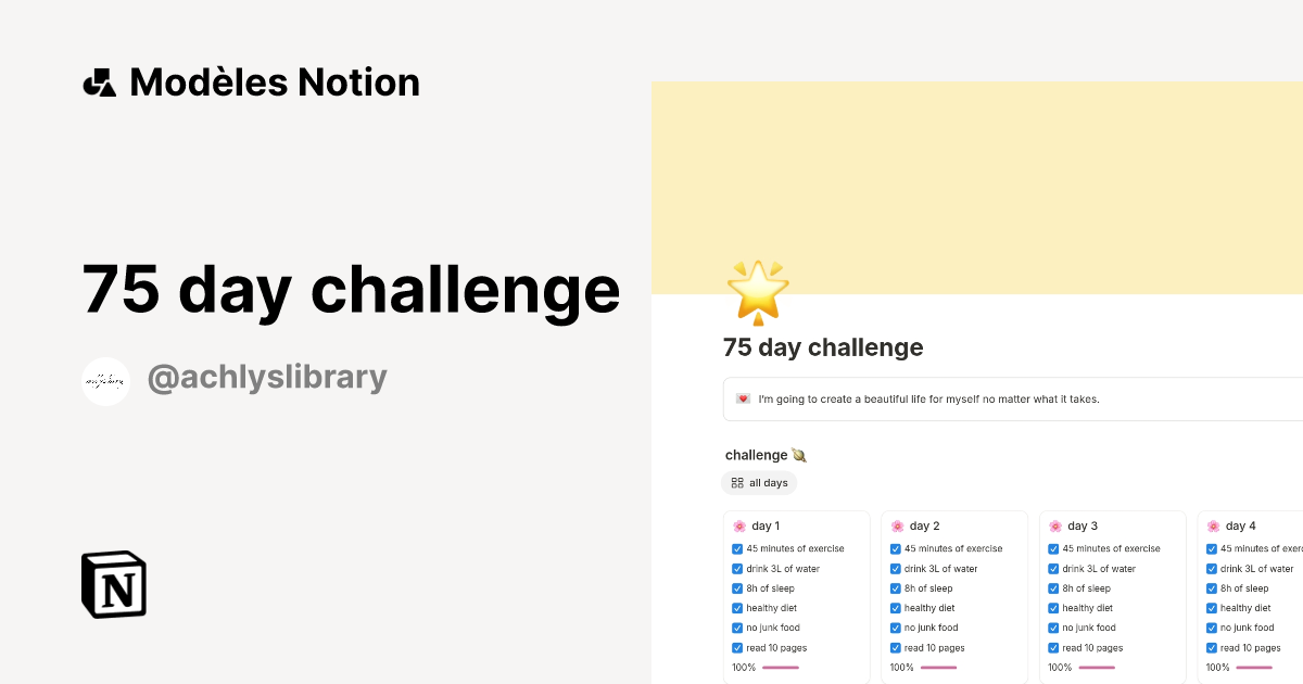 Modèle 75 day challenge | Marketplace Notion