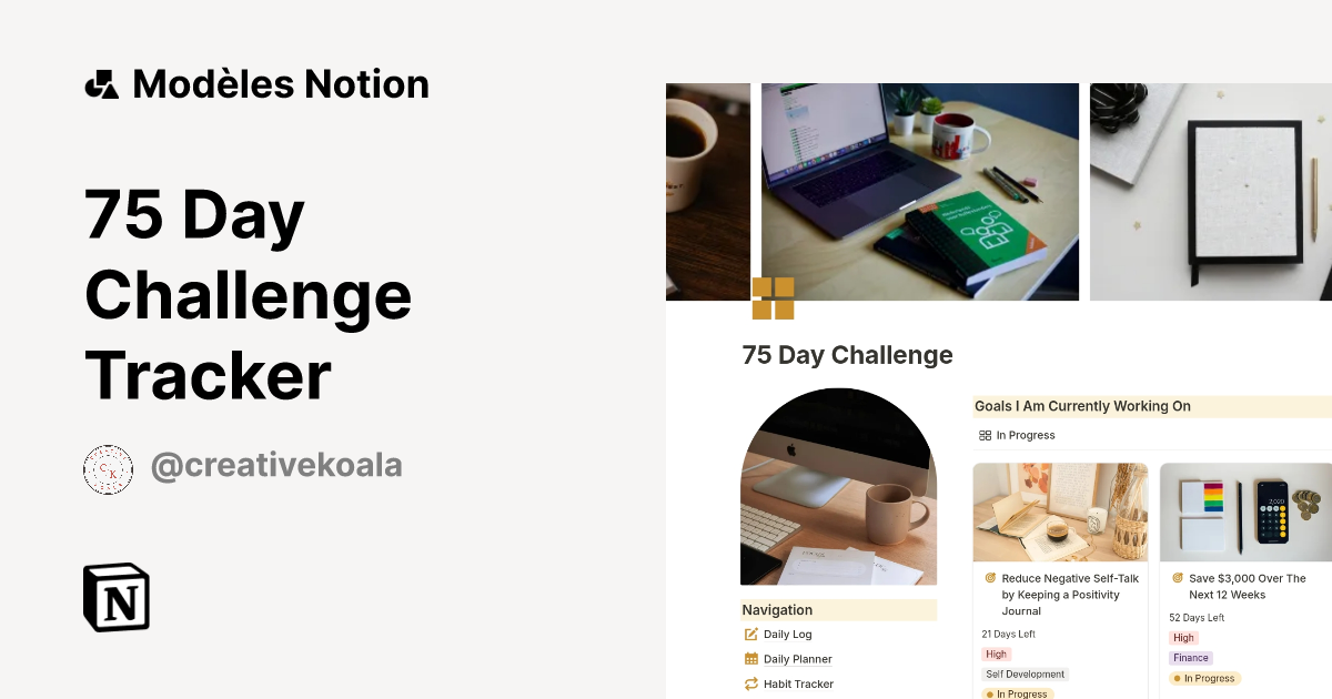 Modèle 75 Day Challenge Tracker | Marketplace Notion