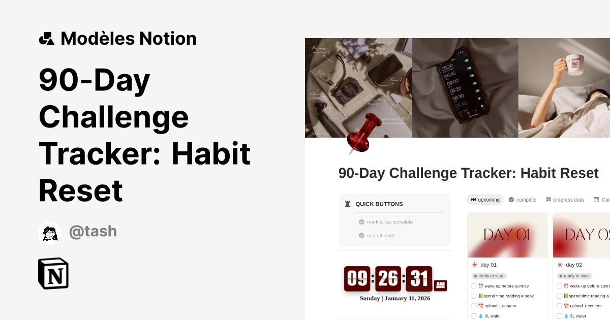 90-Day Challenge Tracker: Habit Reset | Modèle créé par Natasha Sudirgo | Marketplace Notion