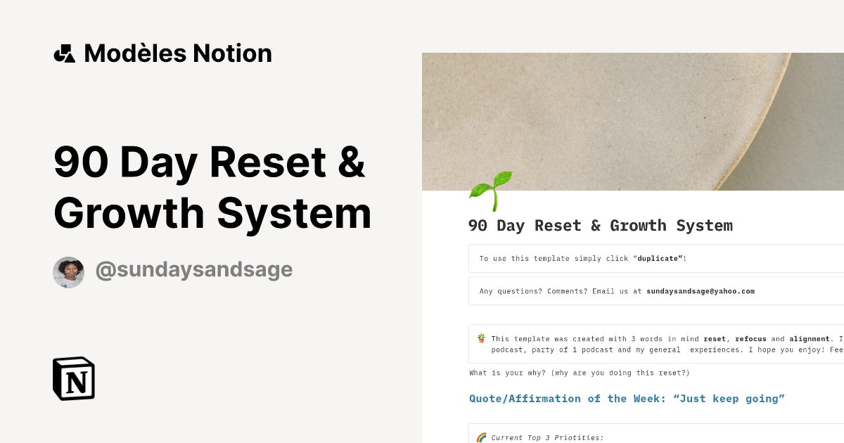 90 Day Reset & Growth System | Modèle créé par SundaysandSage | Marketplace Notion