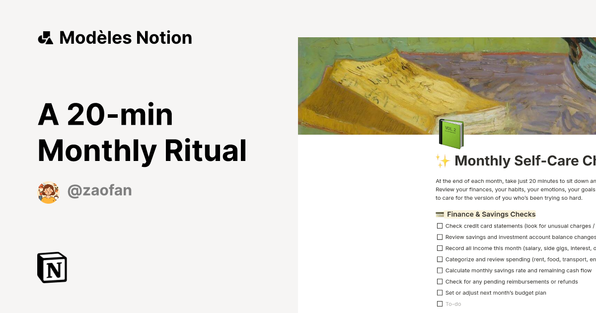 A 20-min Monthly Ritual | Modèle créé par 早饭早饭 | Marketplace Notion