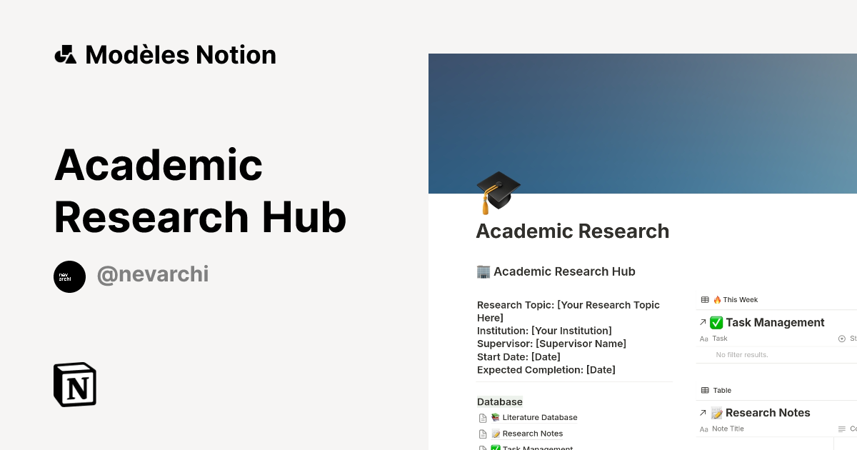 Academic Research Hub | Modèle créé par NevArchi | Marketplace Notion