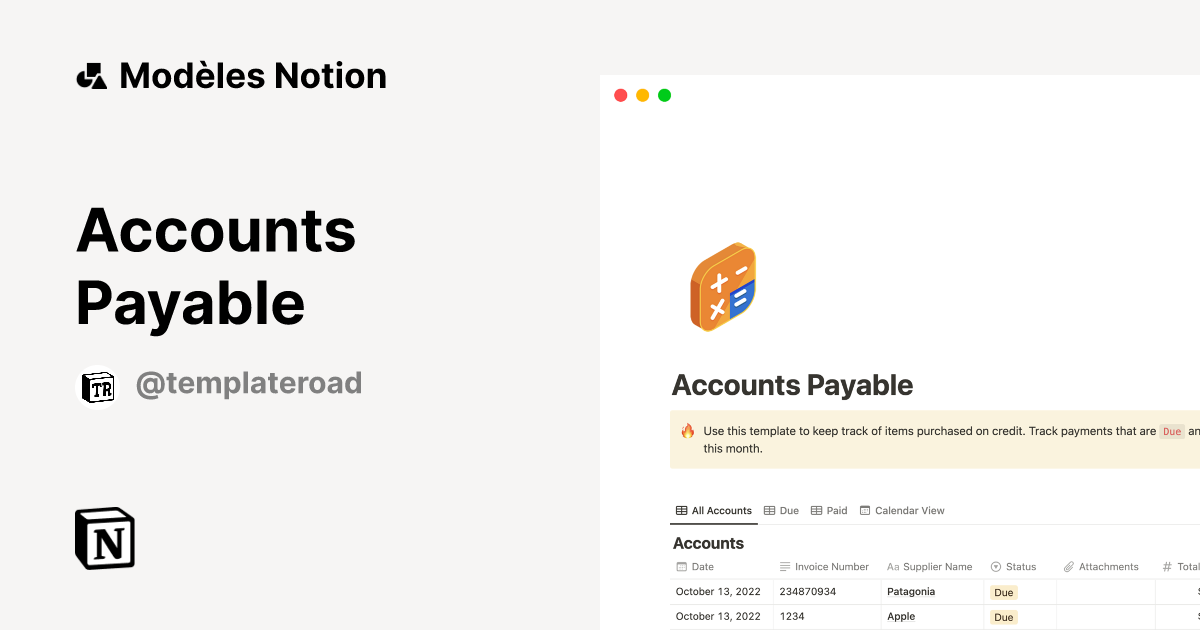 Accounts Payable | Modèle créé par Template Road | Marketplace Notion