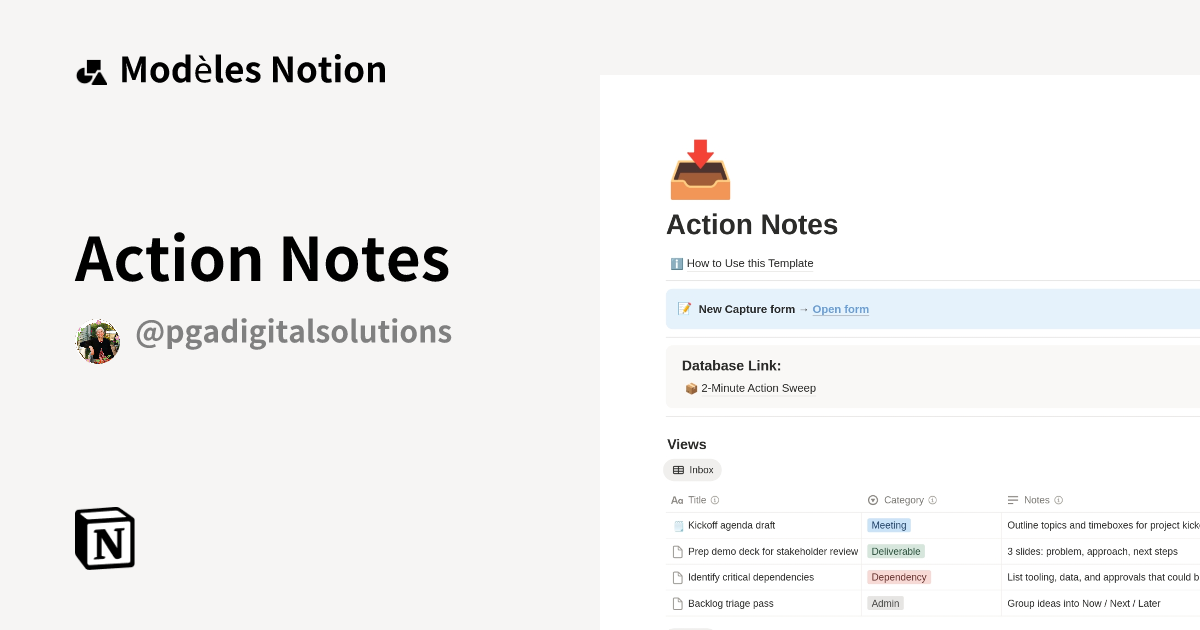 Modèle Action Notes | Marketplace Notion