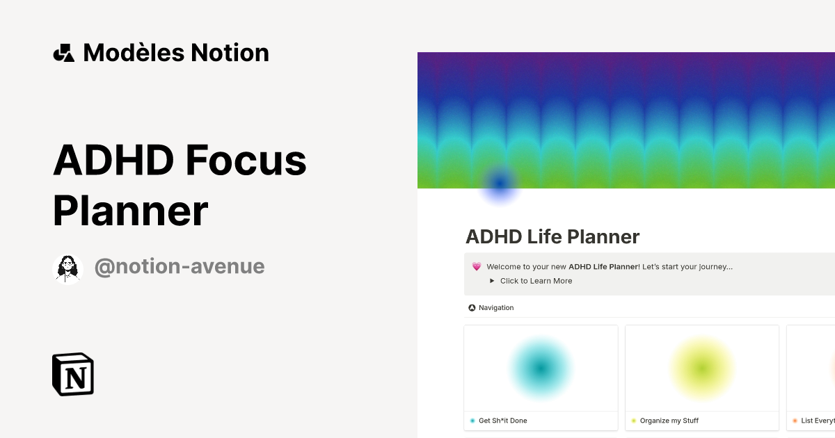 ADHD Focus Planner | Modèle créé par Notion Avenue | Marketplace Notion