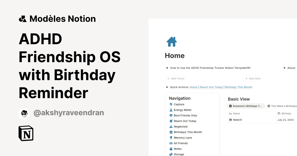 ADHD Friendship OS with Birthday Reminder | Modèle créé par Akshay ...