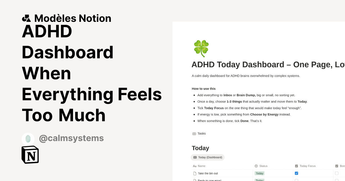 Modèle ADHD Dashboard When Everything Feels Too Much | Marketplace Notion