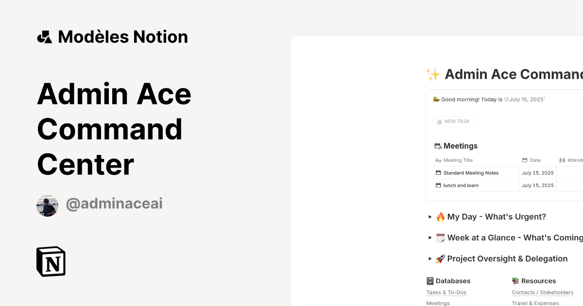 Admin Ace Command Center | Modèle créé par AdminAceAI | Marketplace Notion