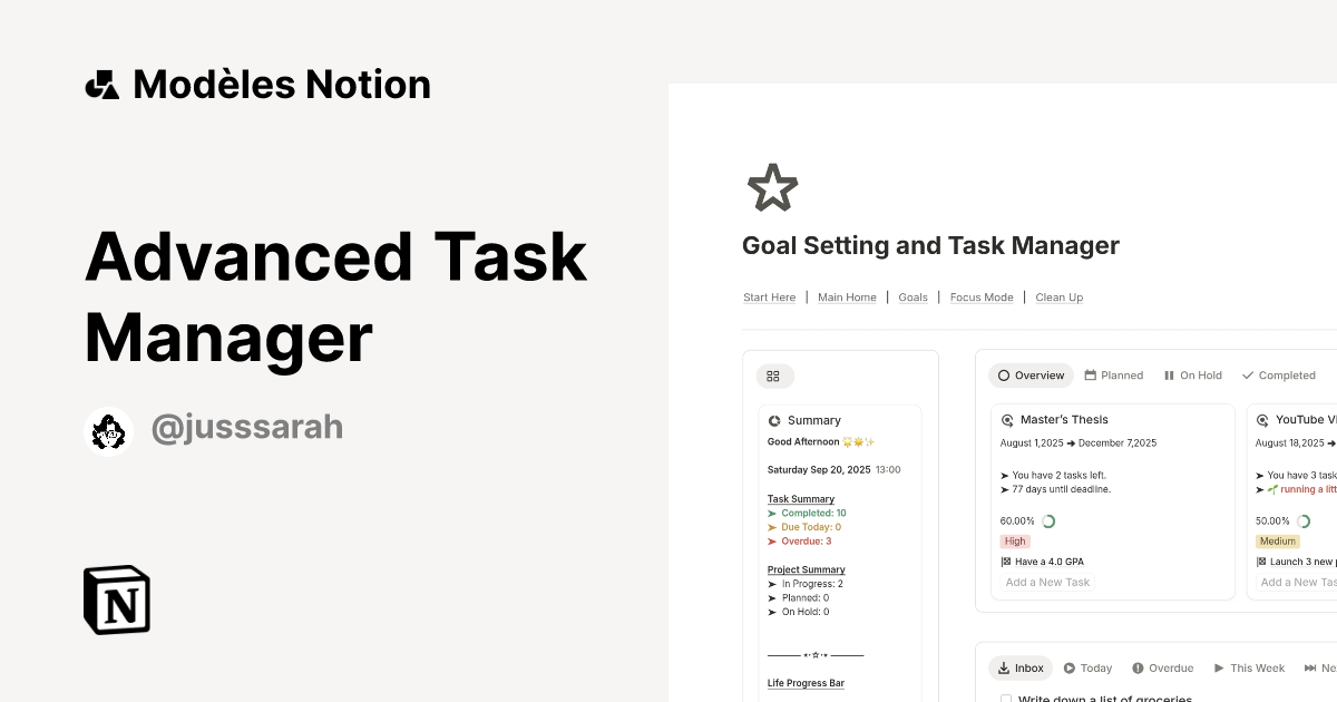 Advanced Task Manager | Modèle créé par Sarah | Marketplace Notion