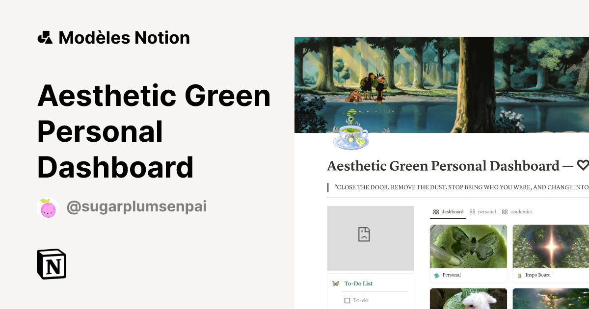 Modèle Aesthetic Green Personal Dashboard | Marketplace Notion