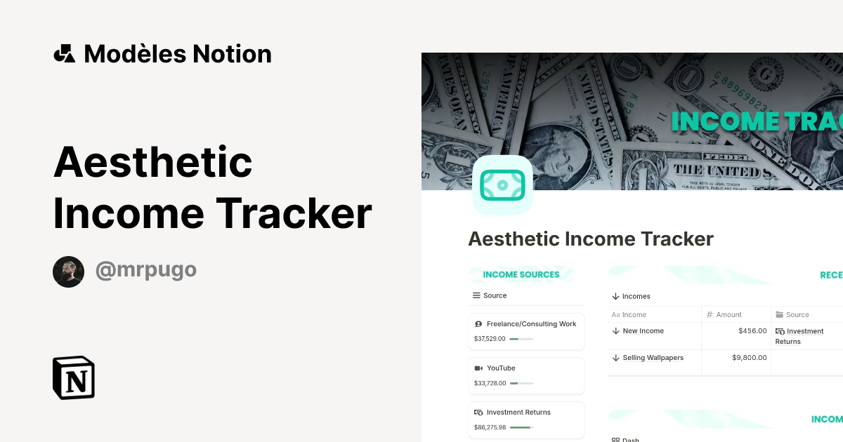 Aesthetic Income Tracker | Modèle créé par mrpugo | Marketplace Notion