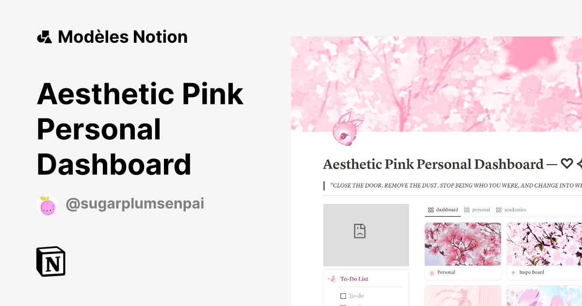 Modèle Aesthetic Pink Personal Dashboard | Marketplace Notion