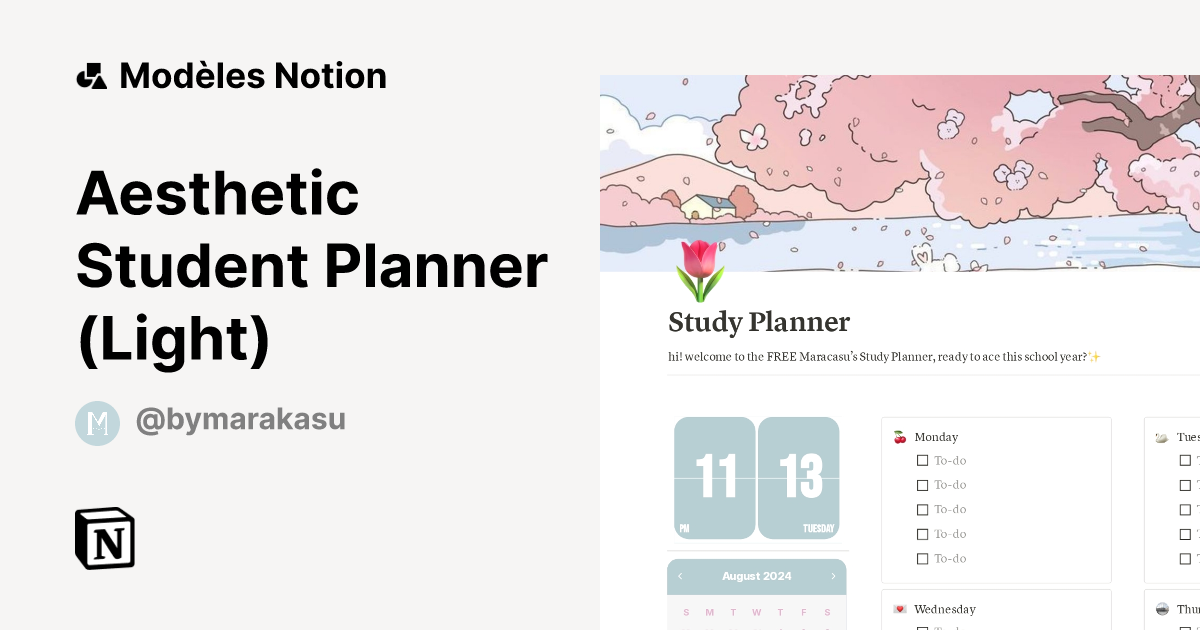 Modèle Aesthetic Student Planner (Light) | Marketplace Notion