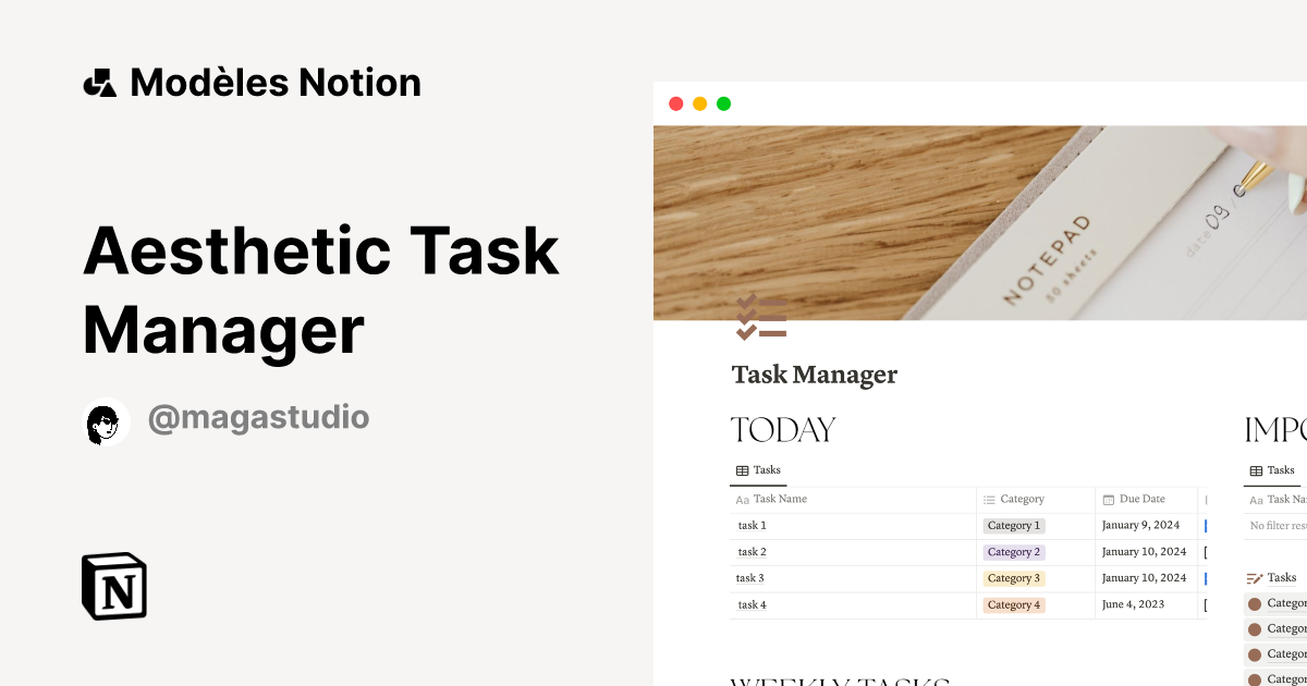 Aesthetic Task Manager | Modèle créé par Leis | Marketplace Notion