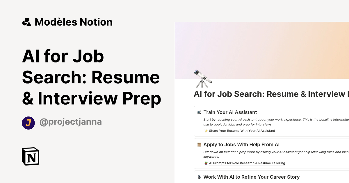 AI for Job Search: Resume & Interview Prep | Modèle créé par Project Janna | Marketplace Notion