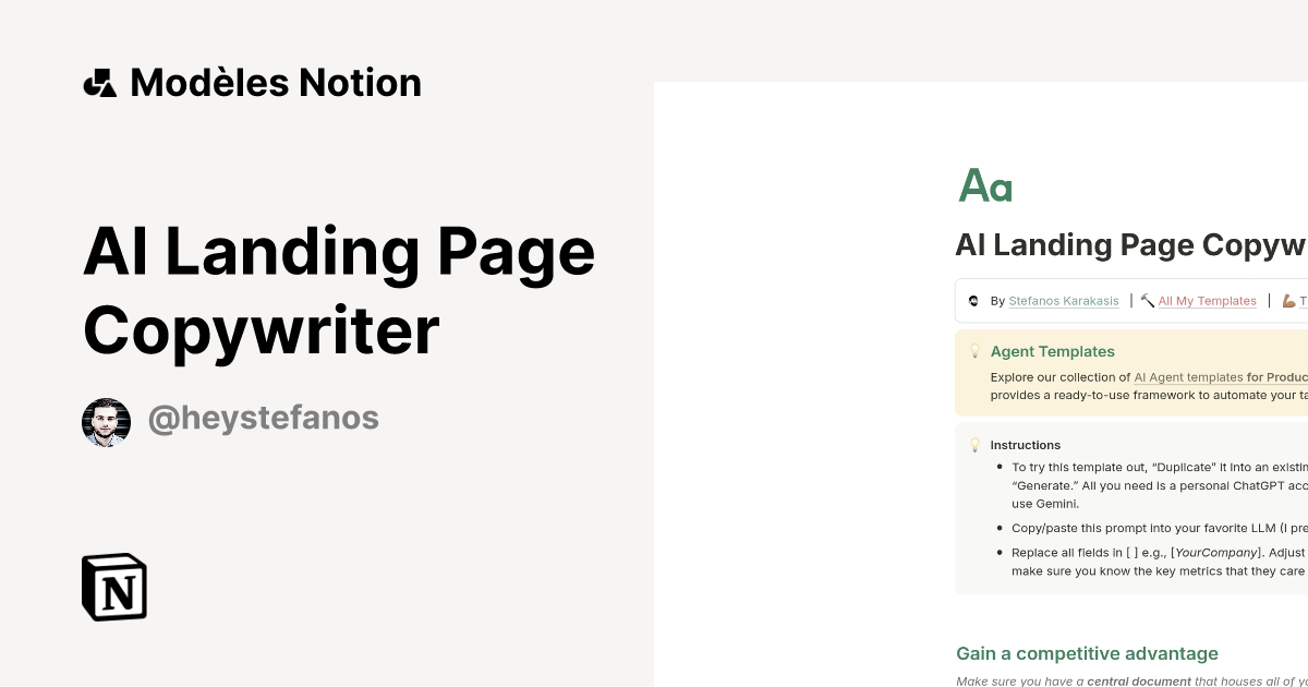 AI Landing Page Copywriter | Modèle créé par Stefanos Karakasis | Marketplace Notion