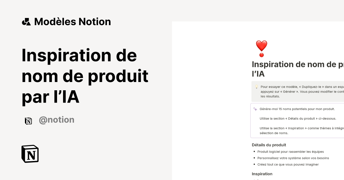 Inspiration de nom de produit par l’IA | Modèle créé par Notion ...
