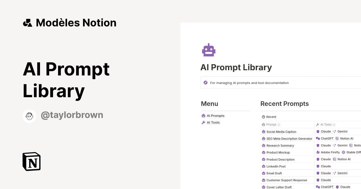 AI Prompt Library | Modèle créé par TCB Studio | Marketplace Notion