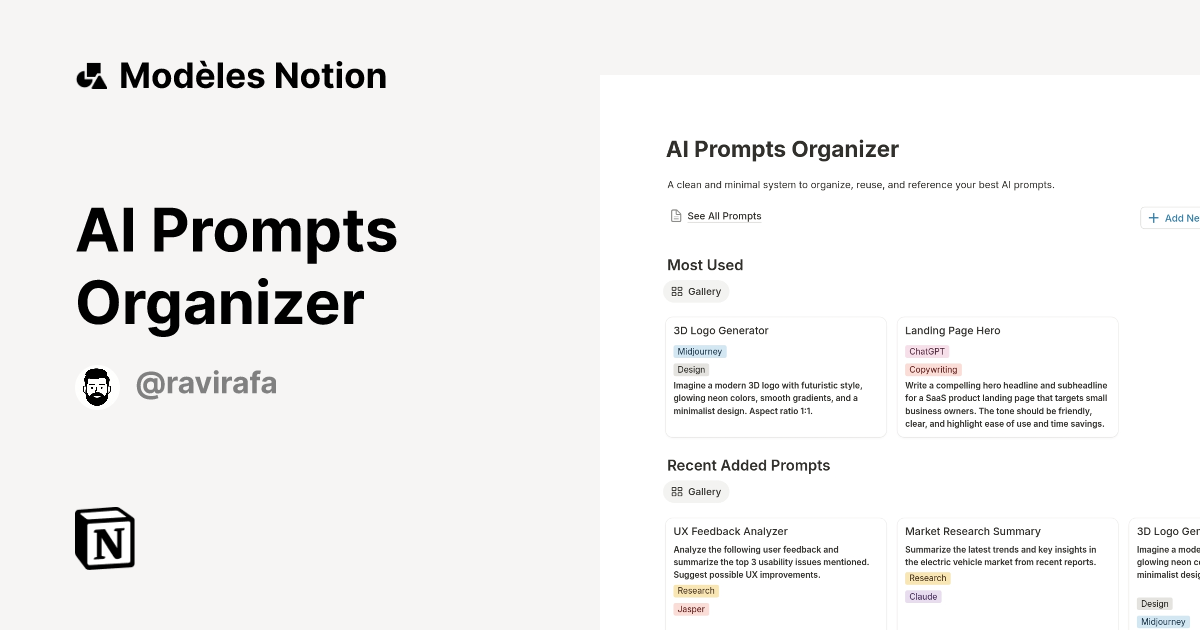 Modèle AI Prompts Organizer | Marketplace Notion