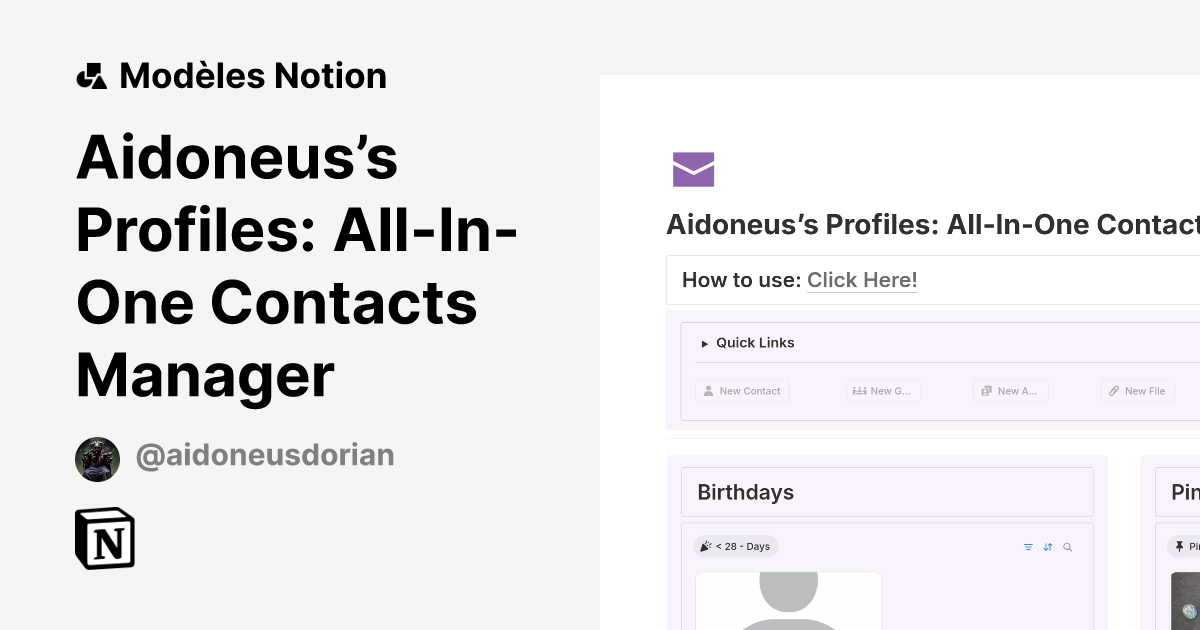 Modèle Aidoneus’s Profiles: All-In-One Contacts Manager | Marketplace Notion