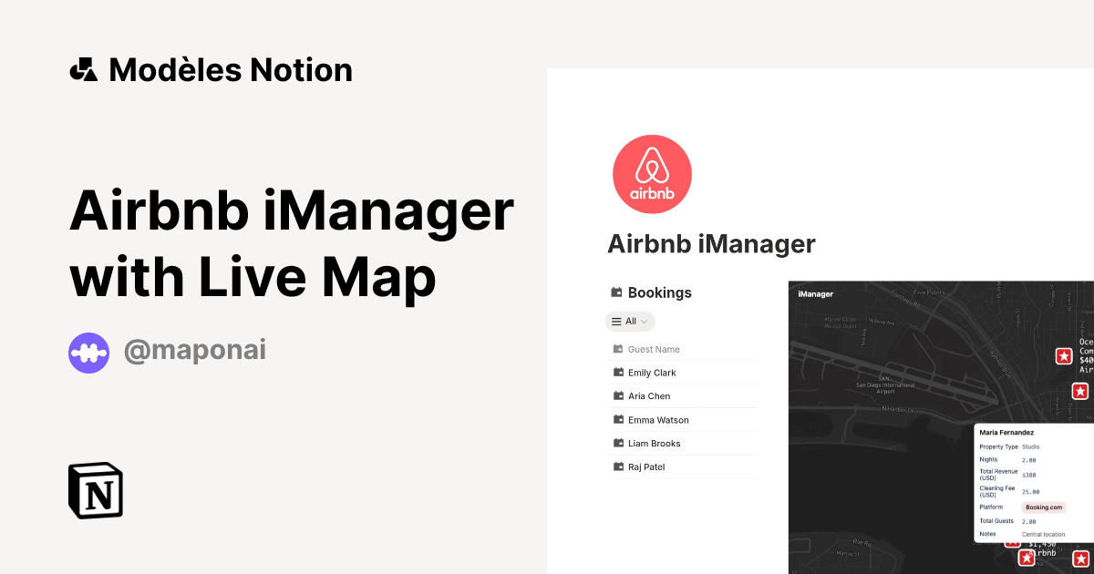 Modèle Airbnb iManager with Live Map | Marketplace Notion