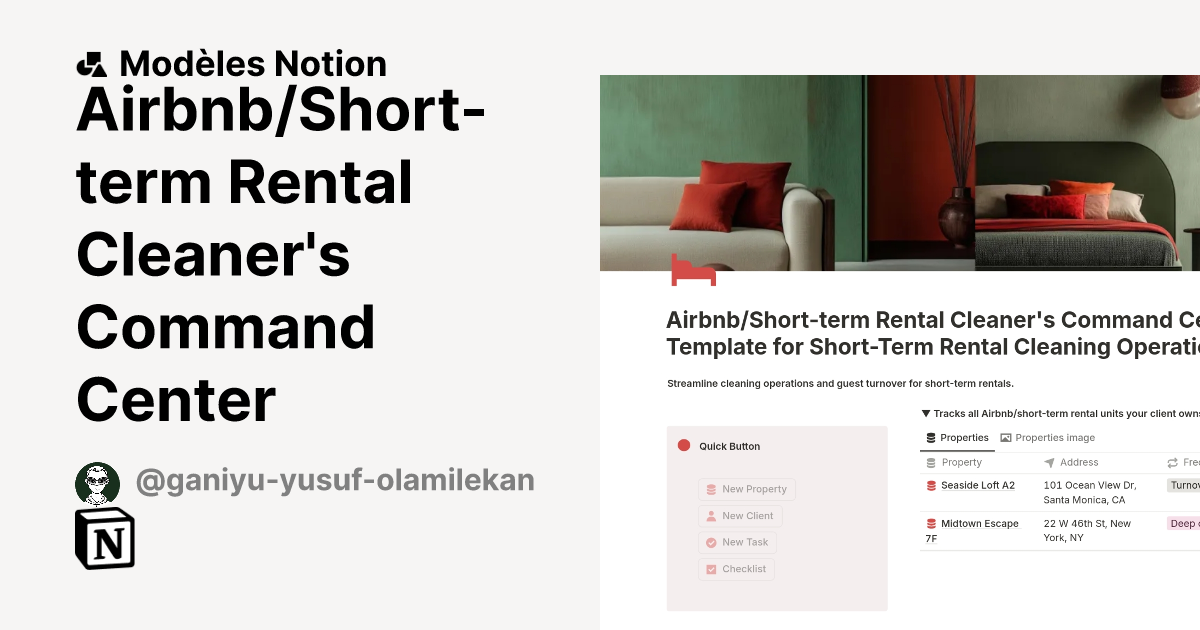 Modèle Airbnb/Short-term Rental Cleaner's Command Center | Marketplace Notion