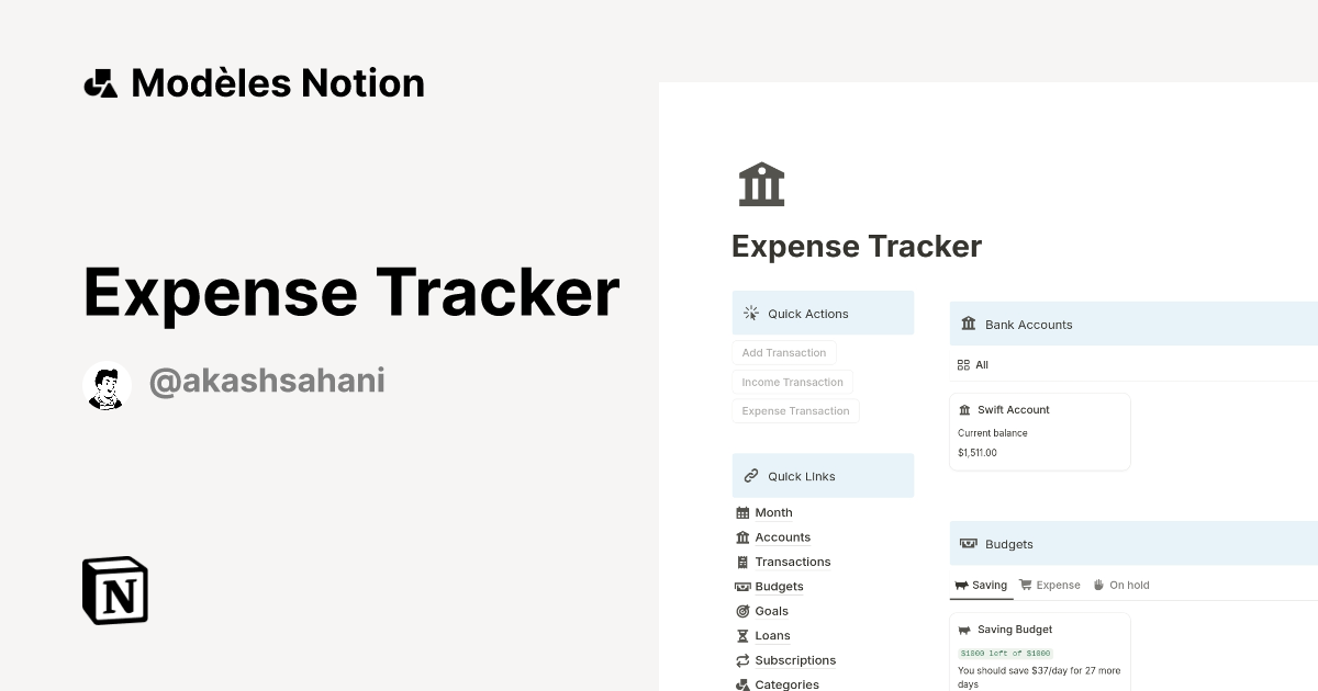 Expense Tracker | Modèle créé par Akash Sahani | Marketplace Notion