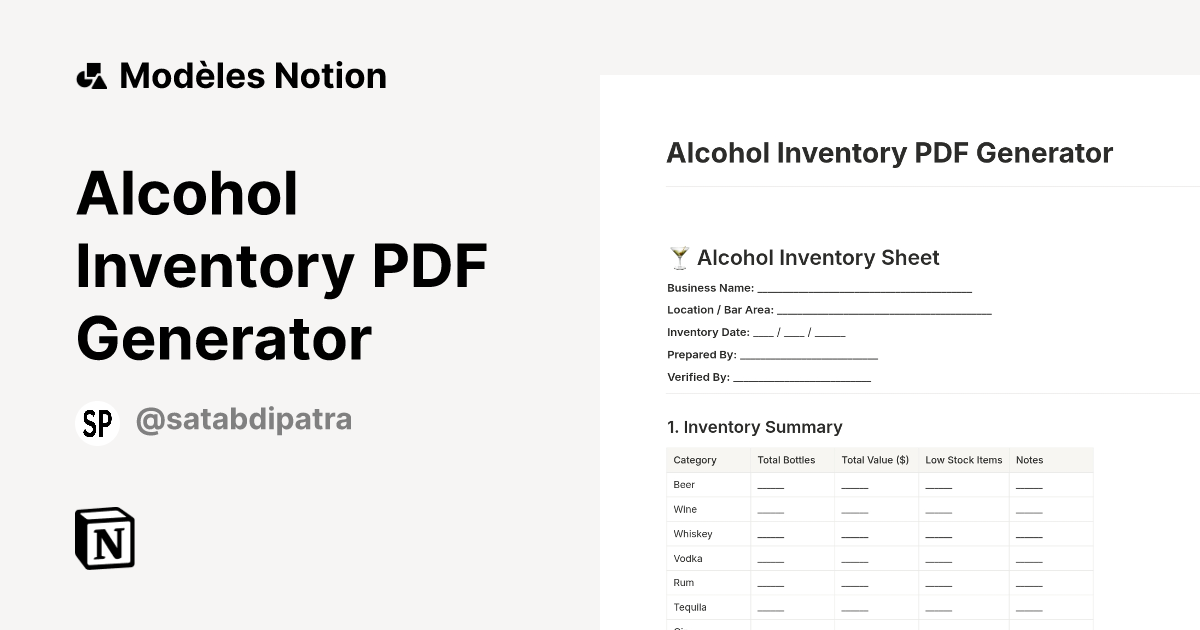Alcohol Inventory PDF Generator | Modèle créé par Satabdi Patra ...