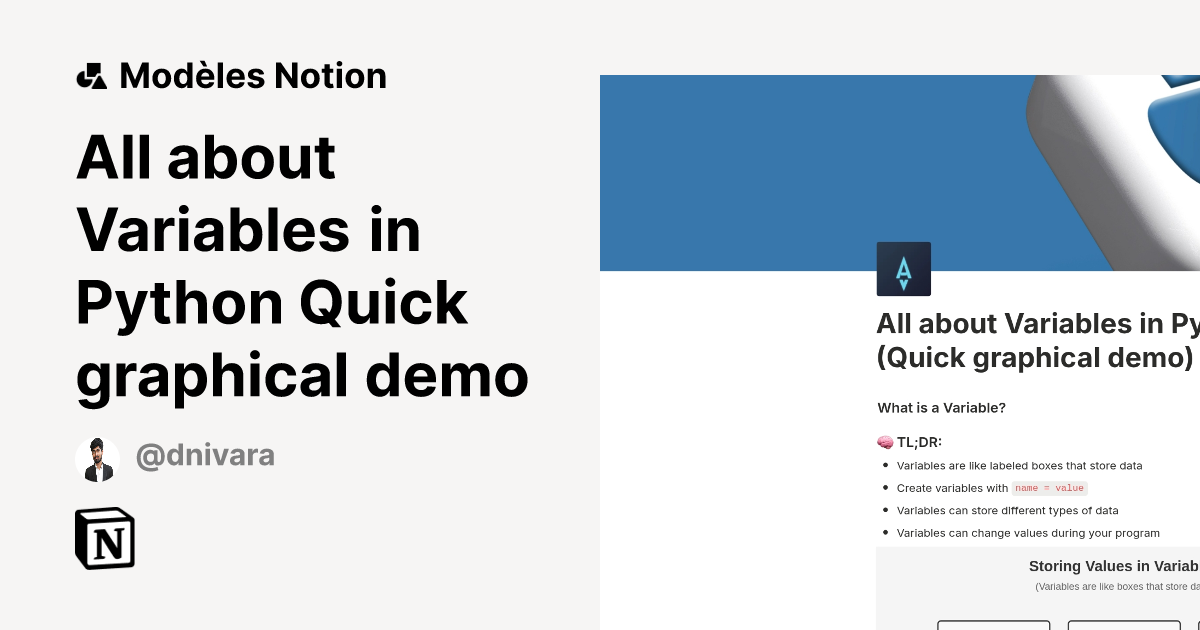 Modèle All about Variables in Python Quick graphical demo | Marketplace Notion