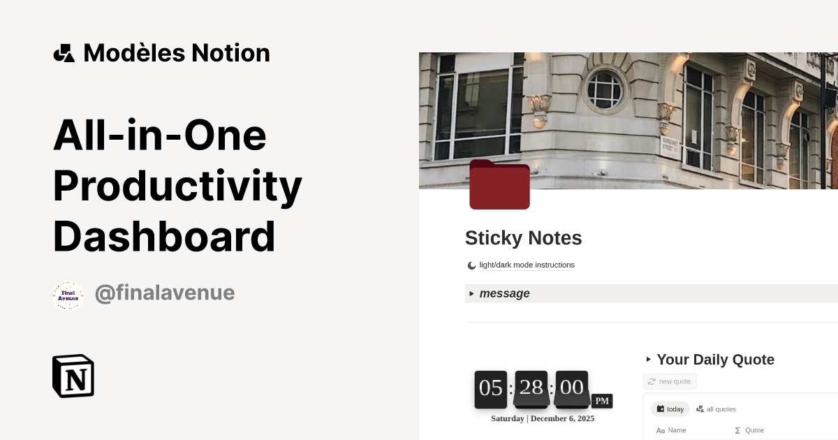 Modèle All-in-One Productivity Dashboard | Marketplace Notion