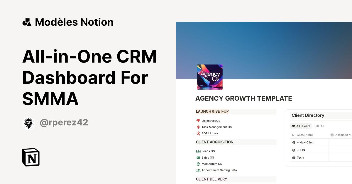 All-in-One CRM Dashboard For SMMA | Modèle créé par RPEREZ42 | Marketplace Notion