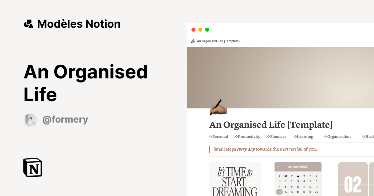 An Organised Life | Modèle créé par Formery | Marketplace Notion