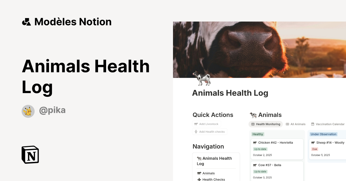 Modèle Animals Health Log | Marketplace Notion