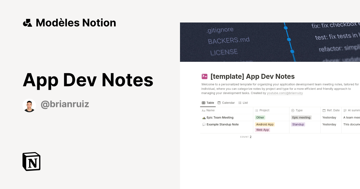 App Dev Notes | Modèle créé par Brian Ruiz | Marketplace Notion