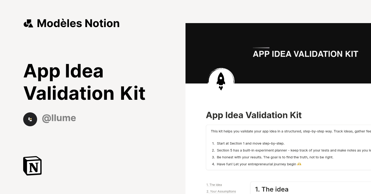 Modèle App Idea Validation Kit | Marketplace Notion