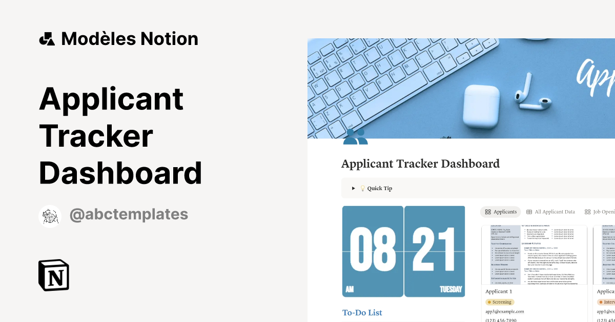 Modèle Applicant Tracker Dashboard | Marketplace Notion