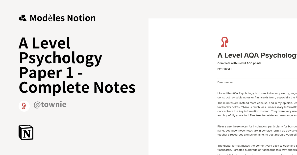 Modèle A Level Psychology Paper 1 - Complete Notes | Marketplace Notion