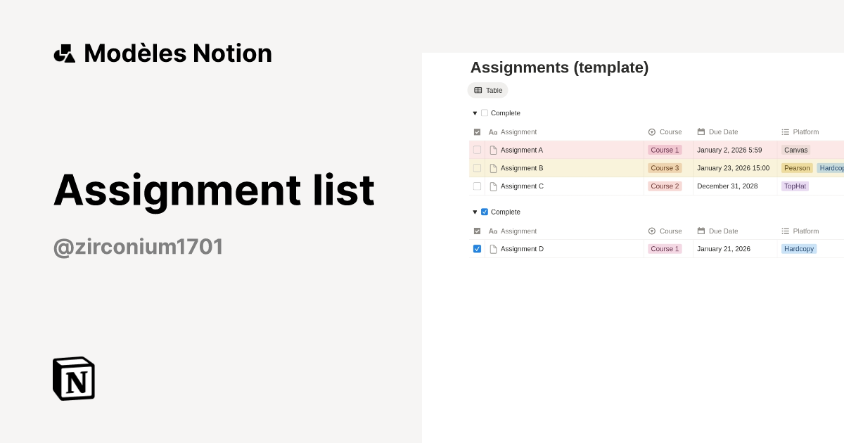 Modèle Assignment list | Marketplace Notion