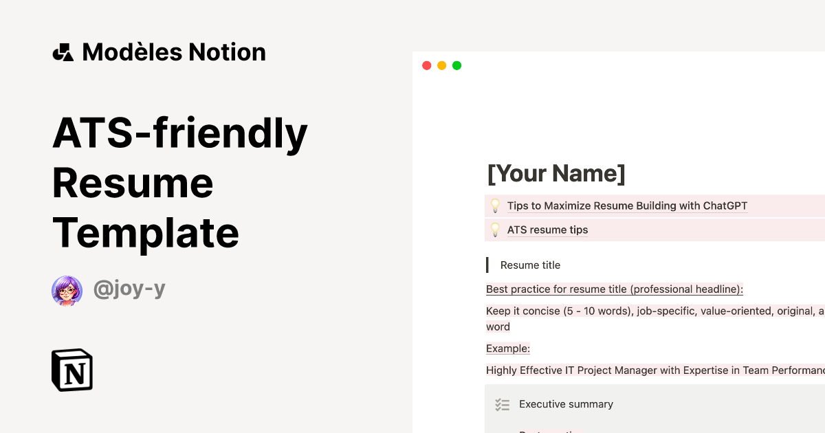 ATS-friendly Resume Template | Modèle créé par Joy Y | Marketplace Notion