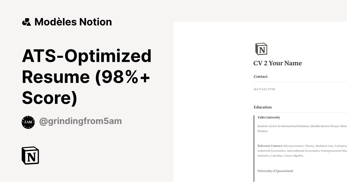 Modèle ATS-Optimized Resume (98%+ Score) | Marketplace Notion