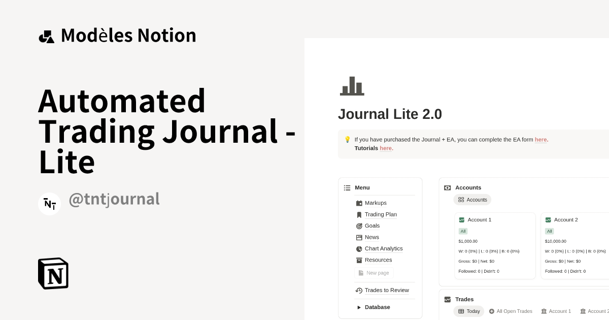 Automated Trading Journal - Lite | Modèle créé par TNT Trading Journal ...