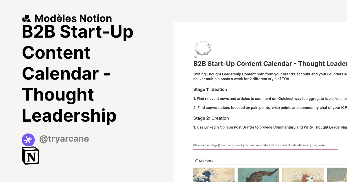 Modèle B2B Start-Up Content Calendar - Thought Leadership | Marketplace Notion