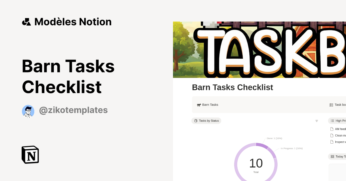 Barn Tasks Checklist | Modèle créé par ZikoTemplates | Marketplace Notion