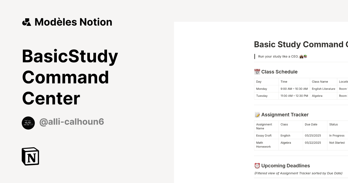 BasicStudy Command Center | Modèle créé par Alli Calhoun | Marketplace Notion