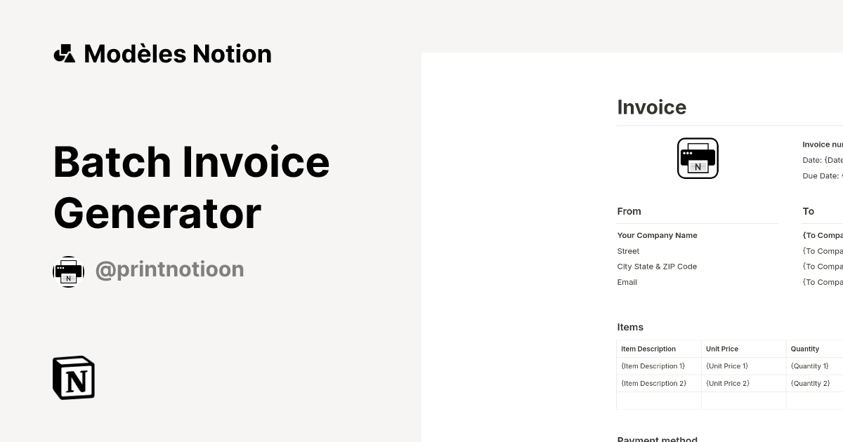 Modèle Batch Invoice Generator | Marketplace Notion
